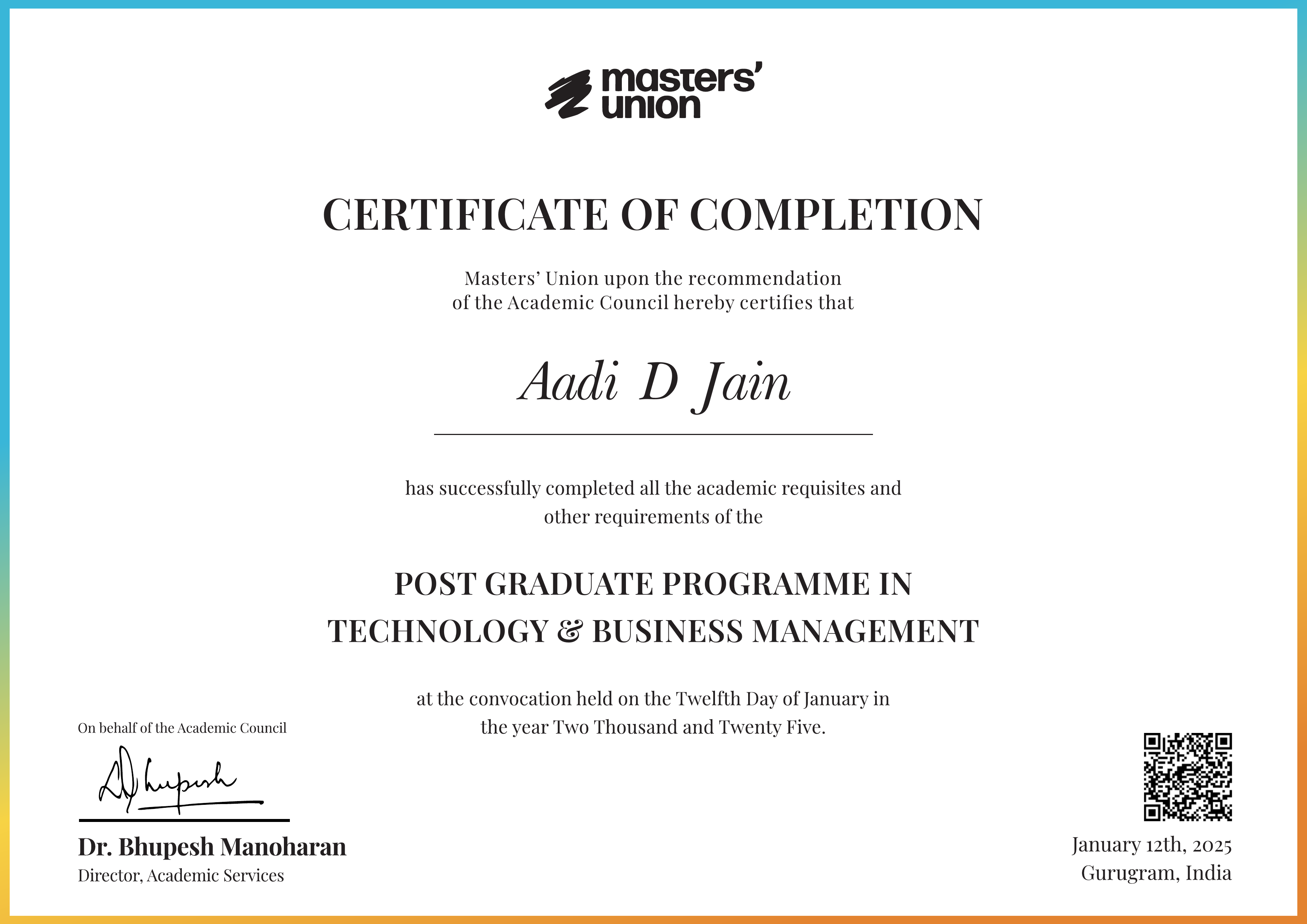 Certificate of Completion for Post Graduate Programme in Technology ...
